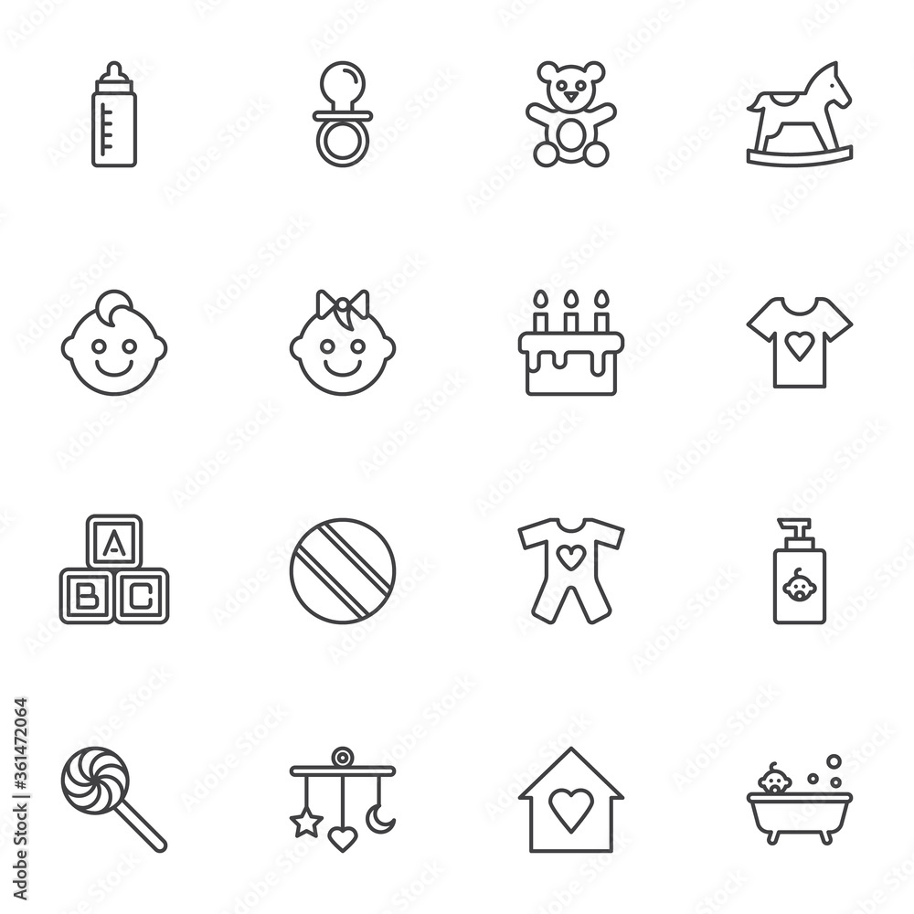 Baby items line icons set, outline vector symbol collection, linear ...