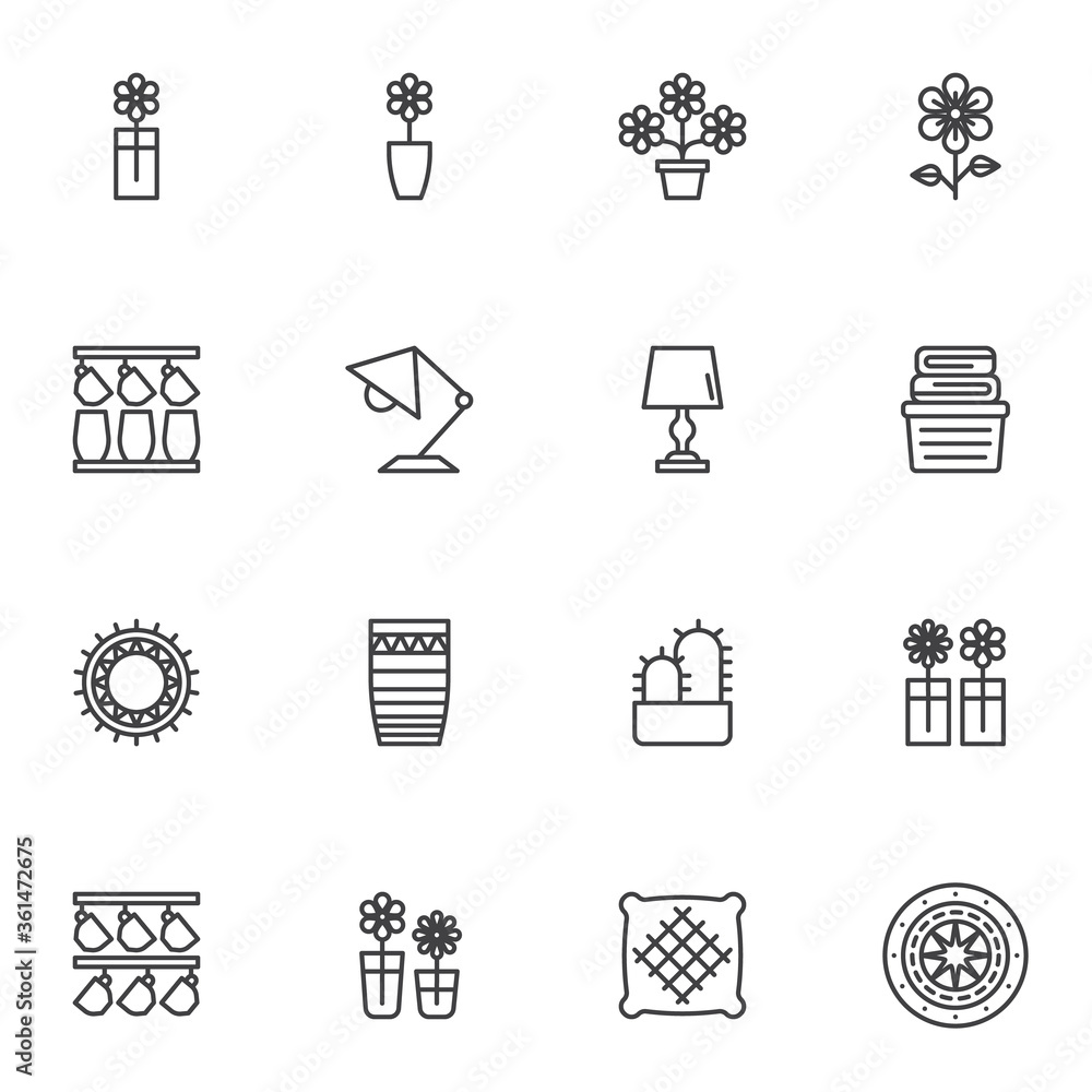 Interior decorations line icons set, outline vector symbol collection ...