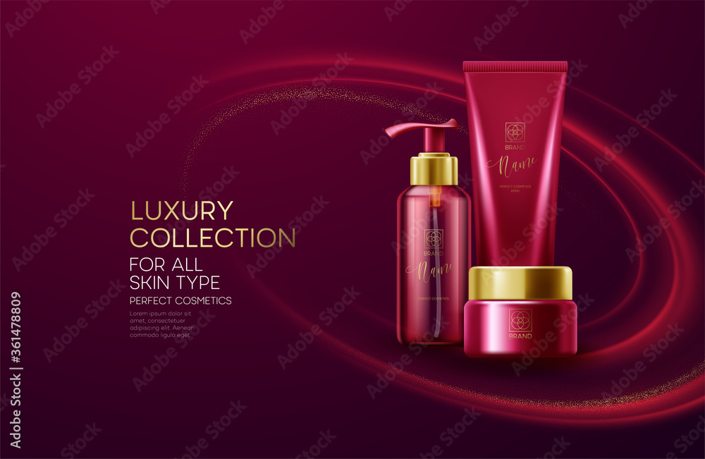 Cosmetics products with luxury collection composition on red wave ...