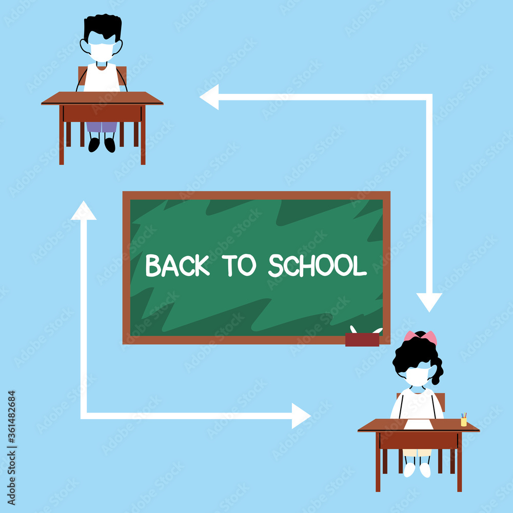 school kids keeping distance, students wearing a face mask sitting on ...