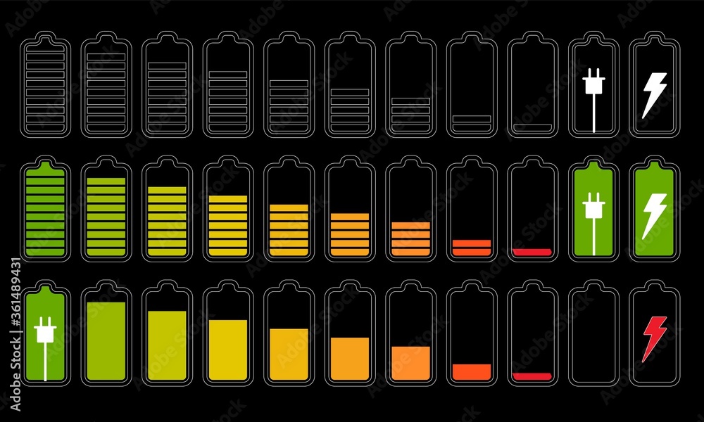 Battery set. Battery energy status or charge power level icon set ...