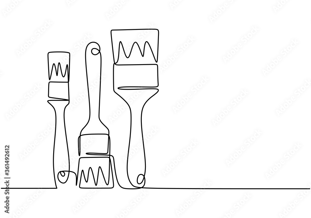 Art equipment of paint brush one continuous line drawing. Types of ...
