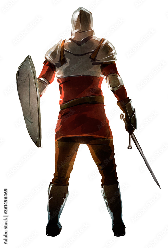 chevalier en armure de dos avec épée et bouclier Stock Illustration ...