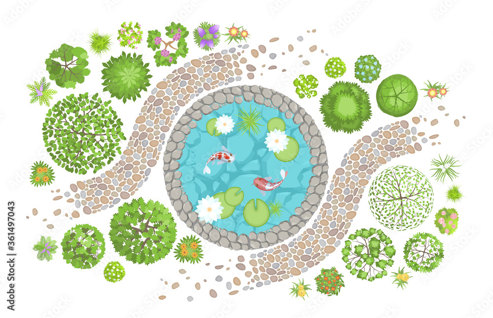 Vector illustration. Landscape design. Top view. Pond, path, trees and ...