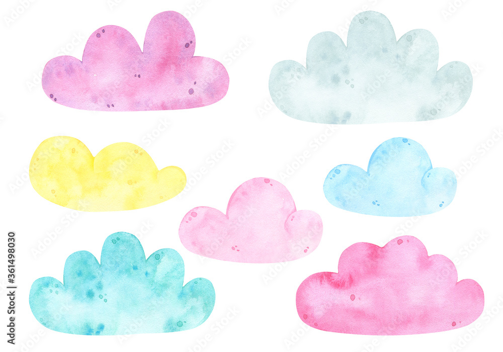 Watercolor cute colorful clouds weather set. Sky, sweet dreams ...