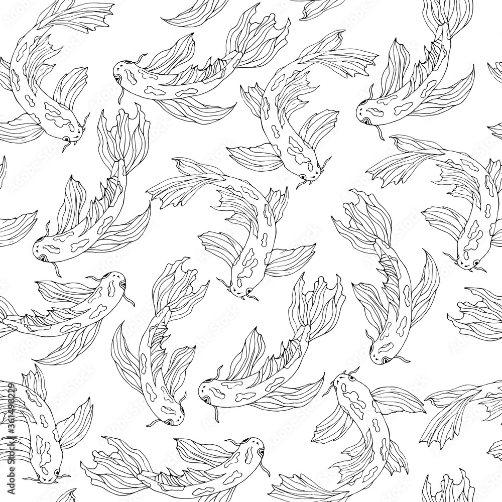 Japanese black and white seamless pattern with koi carps. Hand-drawn ...