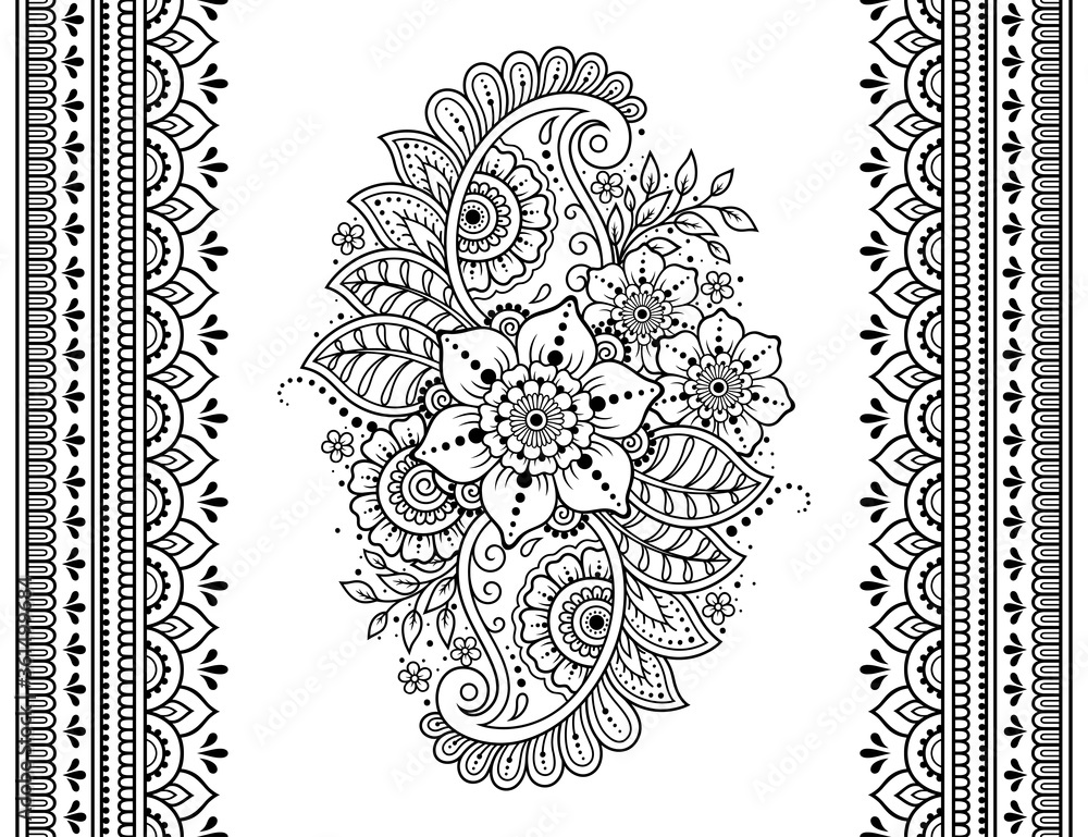 Seamless pattern of mehndi flower and border for Henna drawing and ...