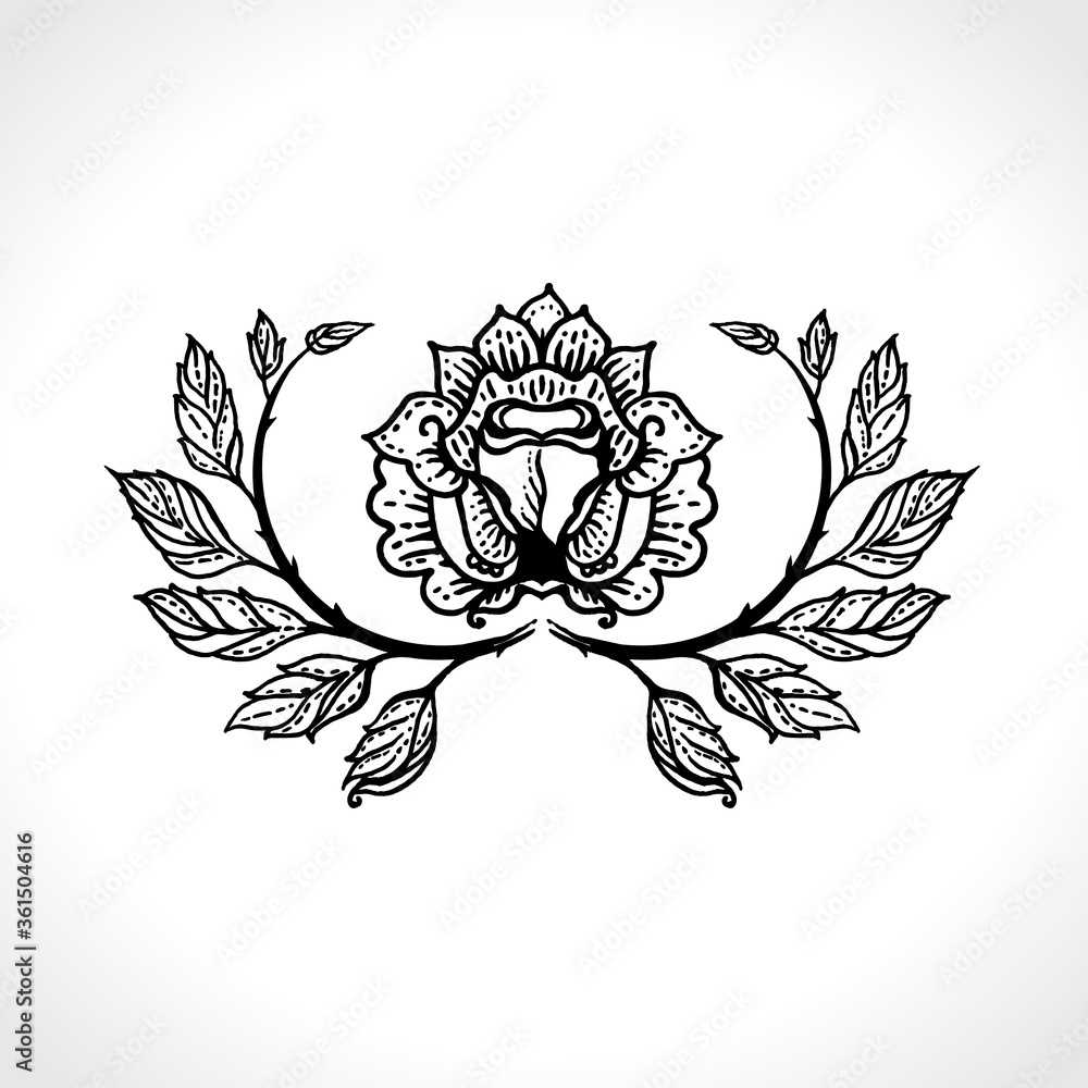 Rose and two branches tattoo. Black ink hand drawn sketch of a blooming ...
