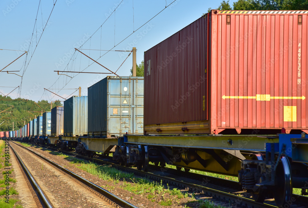 Cargo Containers Transportation On Freight Train By Railway. Intermodal ...