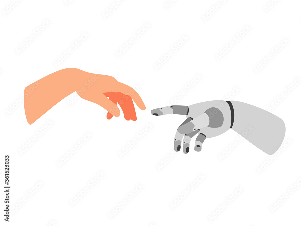 Robot arm and human. Cartoon bionic hand poster, futuristic arms touch ...