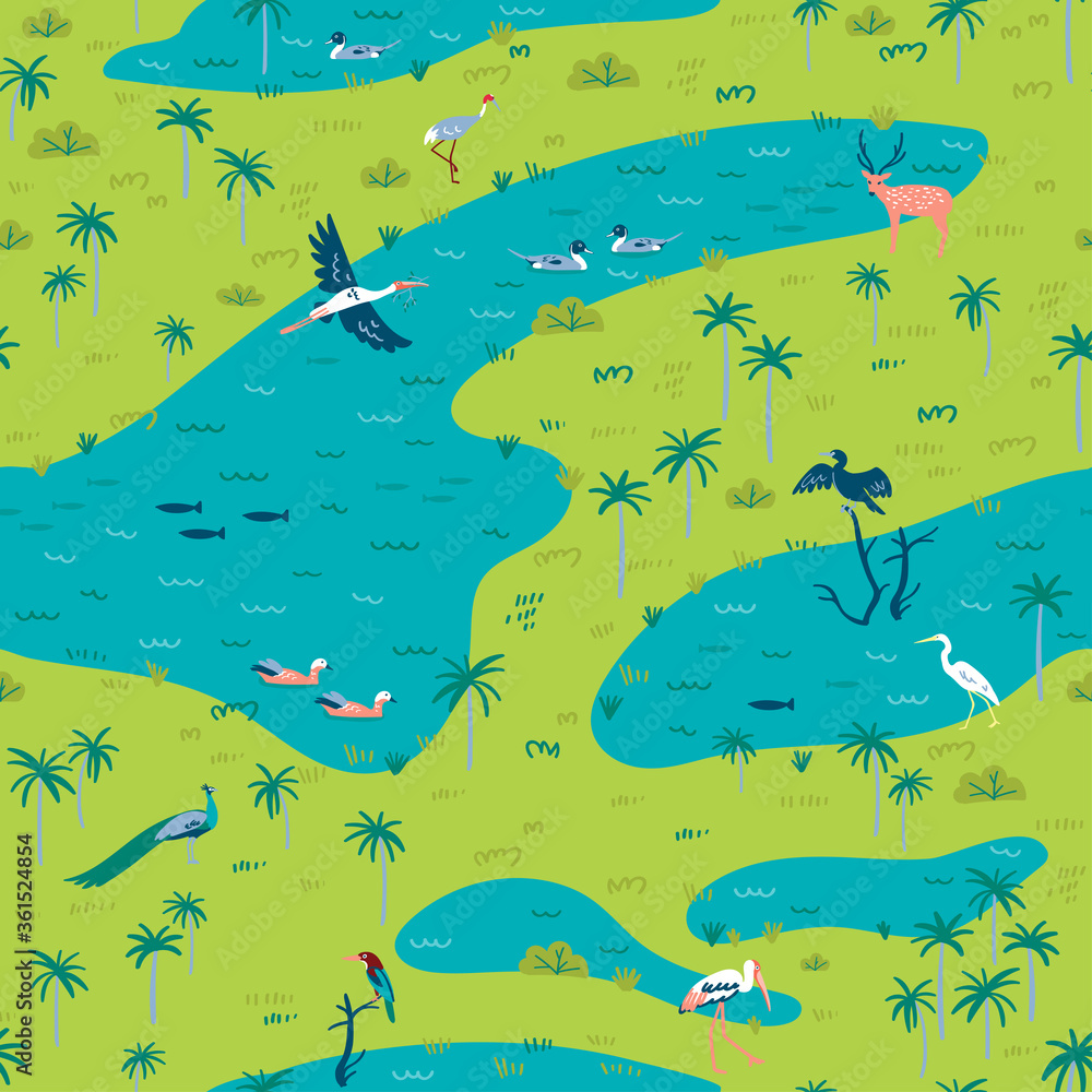 Seamless pattern of Bird Sanctuary landscape Stock Vector | Adobe Stock