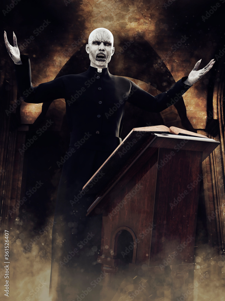 Spooky ghoul priest standing in front of an open book in a dark ...