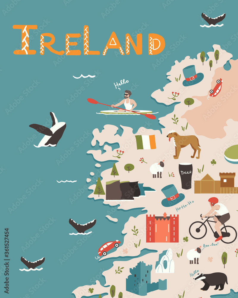Illustrated map of Ireland with different elements as nature landmarks ...