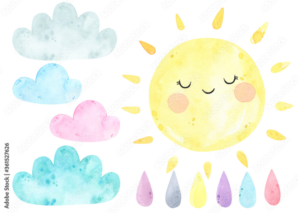 Watercolor cute sun, clouds, drop, rain weather watercolor set. Sunny ...