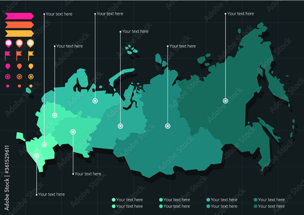 Stylized vector map of Russian in teal colors on dark background ...
