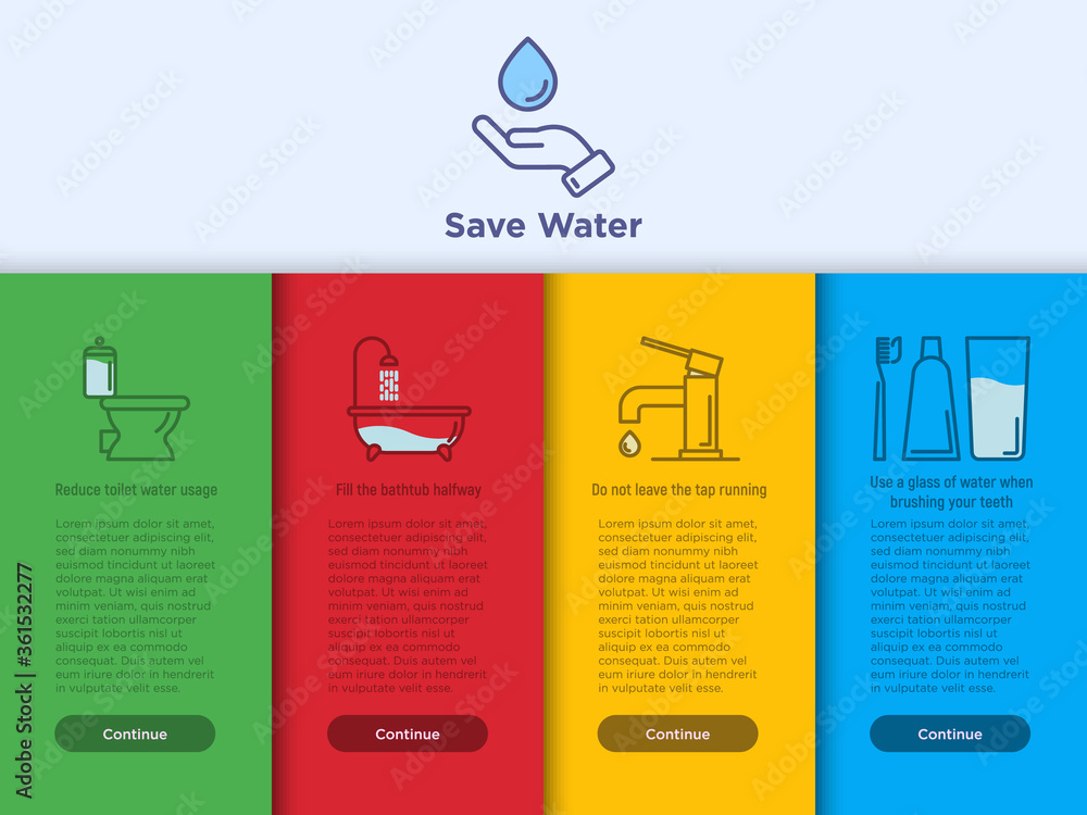Vetor de Save water concept: reduce toilet water, fill bathtub halfway ...