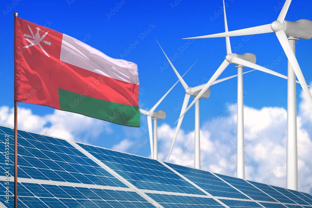 Oman solar and wind energy, renewable energy concept with solar panels ...