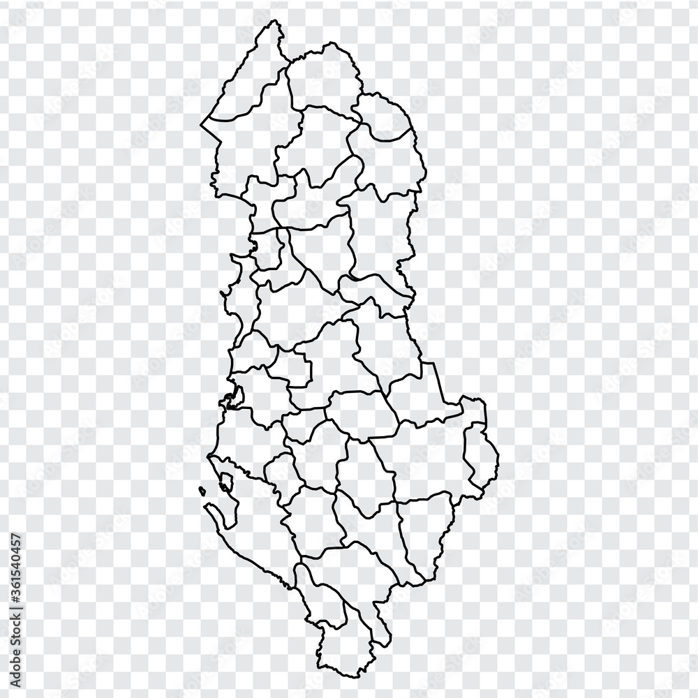 Blank map Republic of Albania. High quality map of Albania with districts on transparent ...