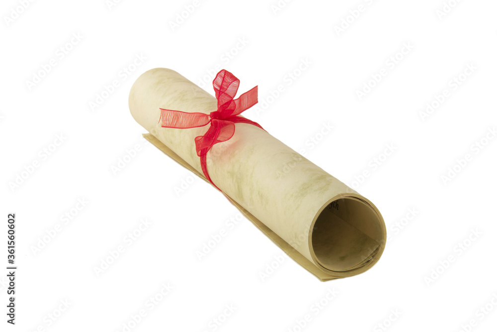 Paper scroll isolated on white with bow. Certificate diploma or award ...
