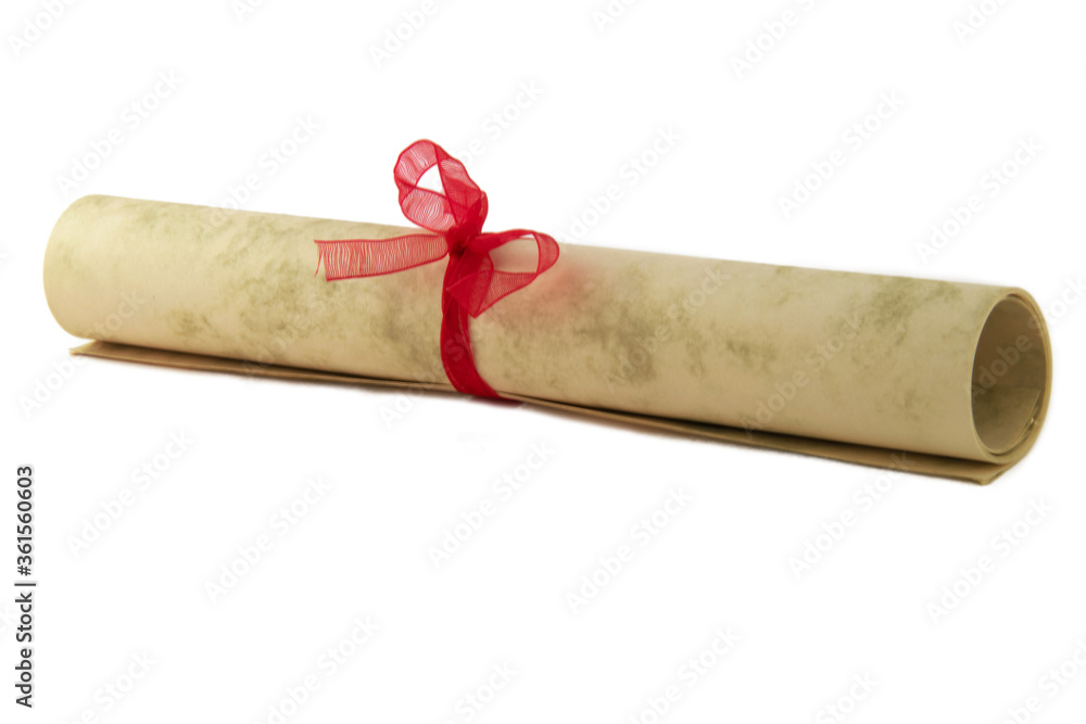 Certificate paper scroll isolated on white with bow. diploma or award ...