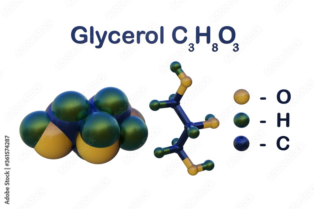Structural chemical formula and molecular model of glycerol (glycerine ...