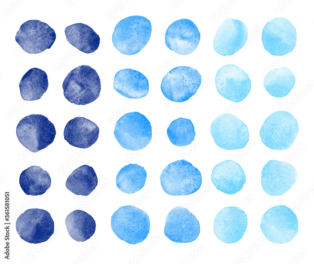 Sky, navy, dark blue watercolor round spots, dots design elements set ...