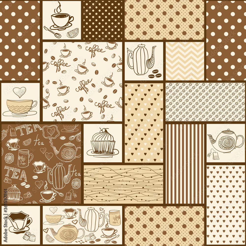 Seamless patchwork tile with hand drawn design elements: coffee beans ...