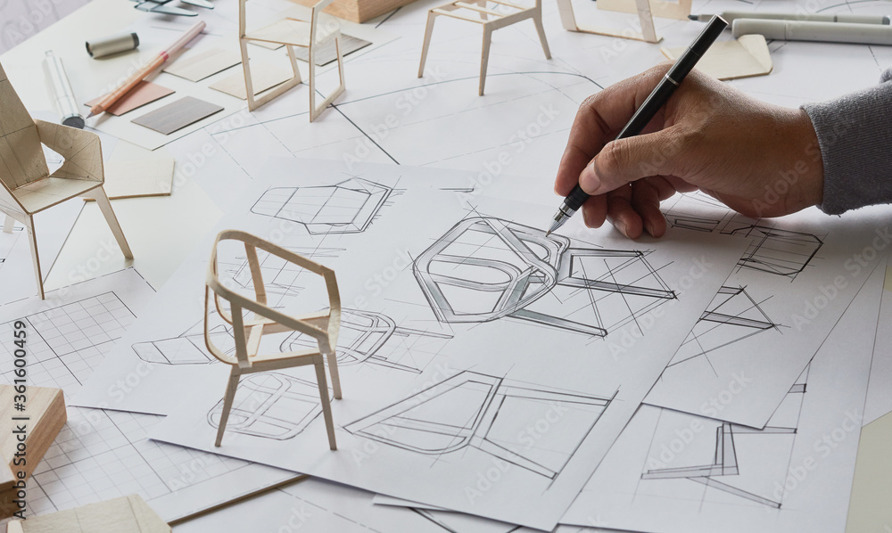 Designer sketching drawing design development product plan draft chair ...