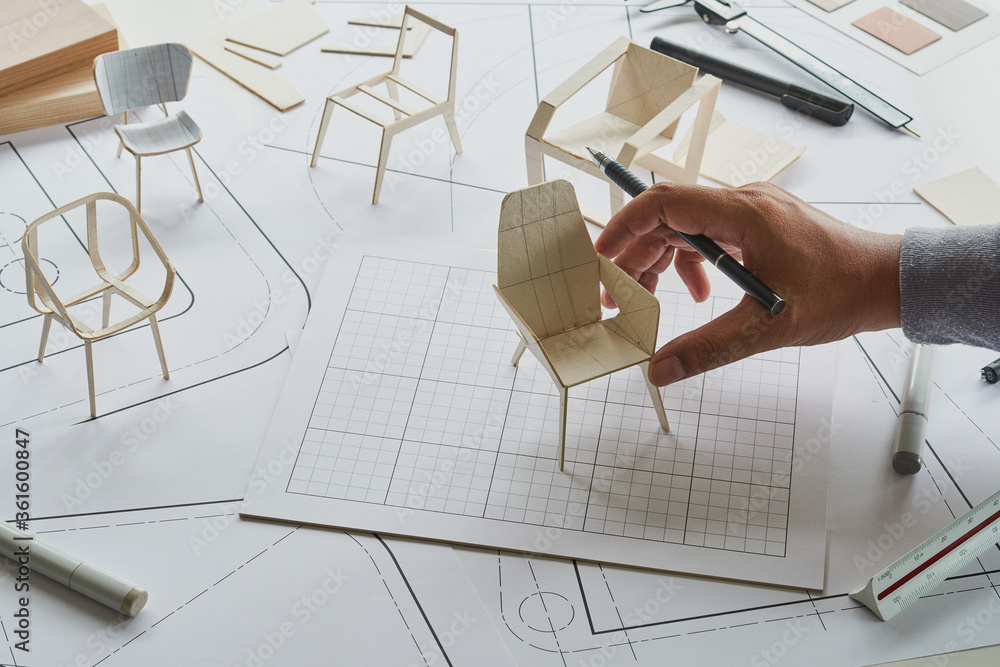 Designer sketching drawing design development product plan draft chair ...