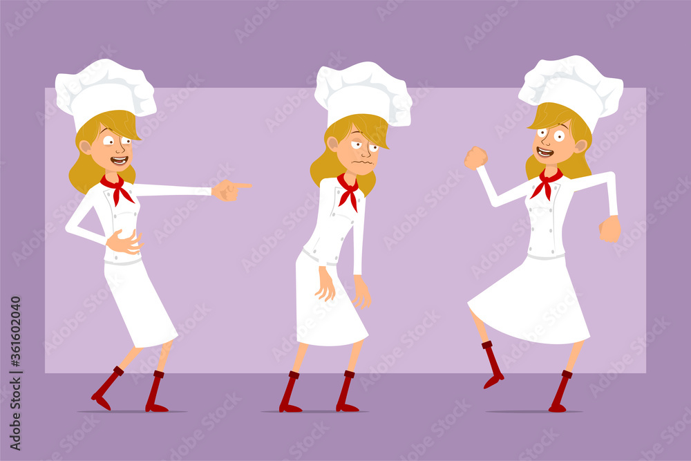Cartoon flat funny chef cook woman character in white uniform and baker ...