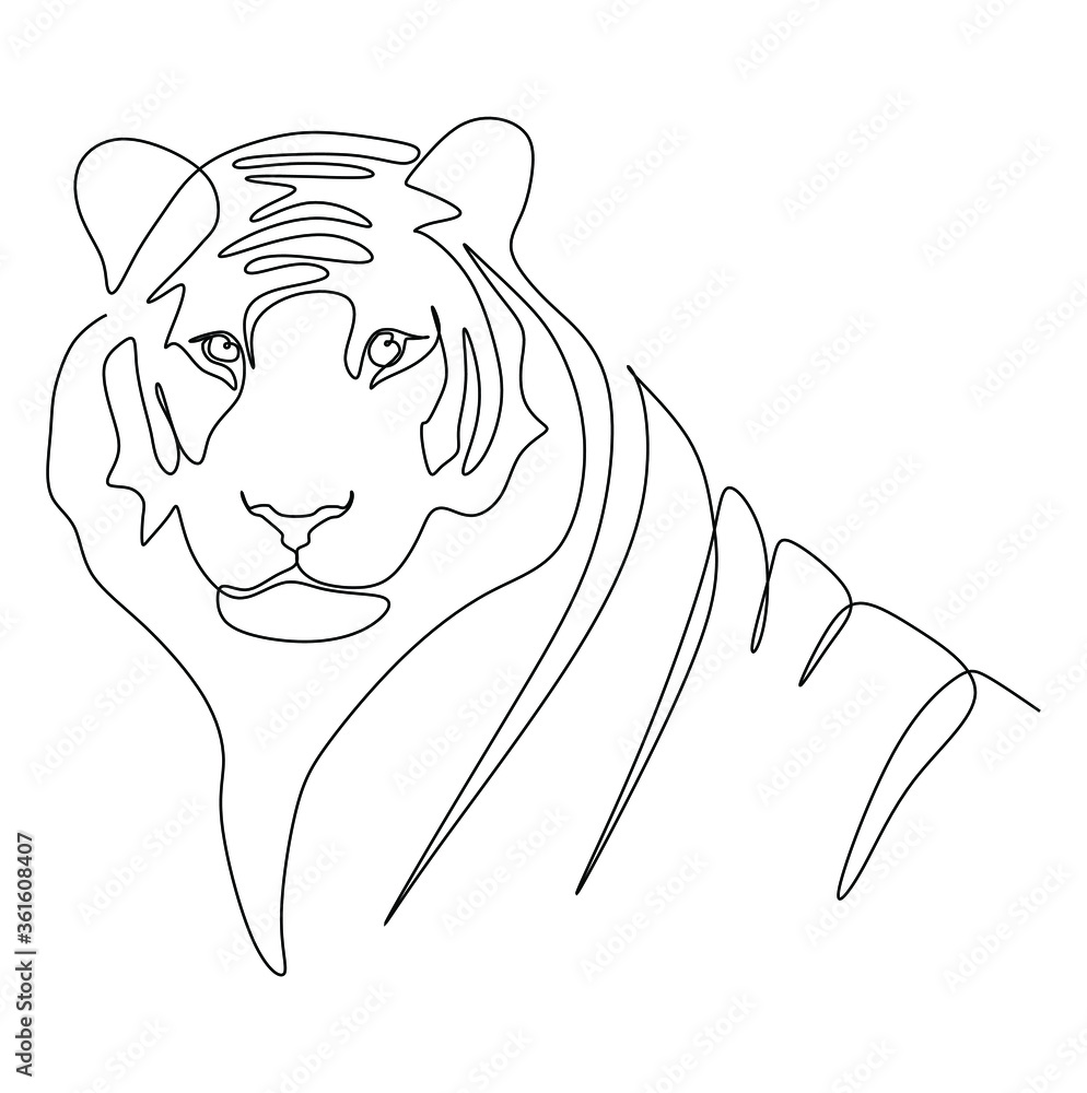 Continuous one line drawing of a tiger looking at the camera. Vector ...