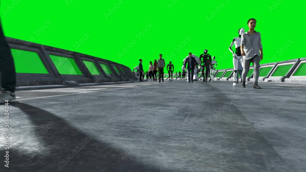 People and robots. Sci fi tonnel. Futuristic traffic. Concept of future ...