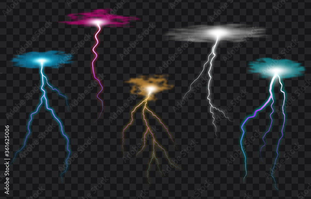 Colored lightning bolt vector set on transparent background. Electric ...