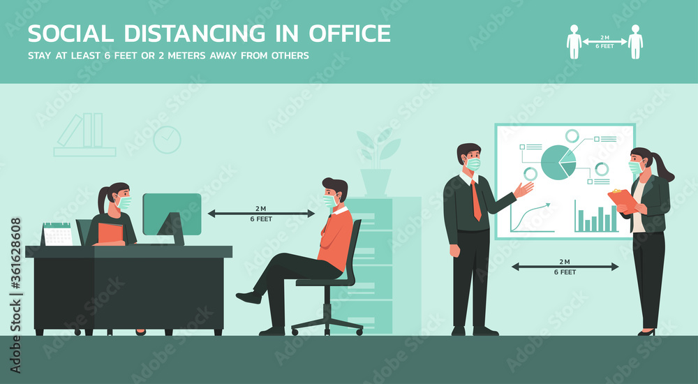 people working together in business office wearing mask and maintain ...