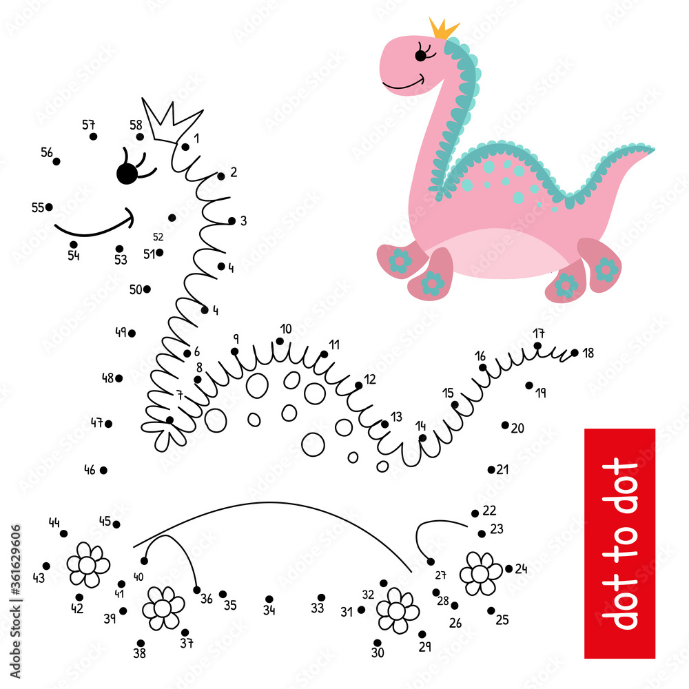 Cute dinosaur. Educational numbers game vector illustration. Connect ...