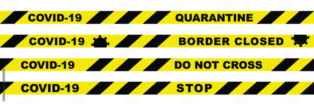 Seamless yellow and black warning tapes. Quarantine, stop, covid-19 ...