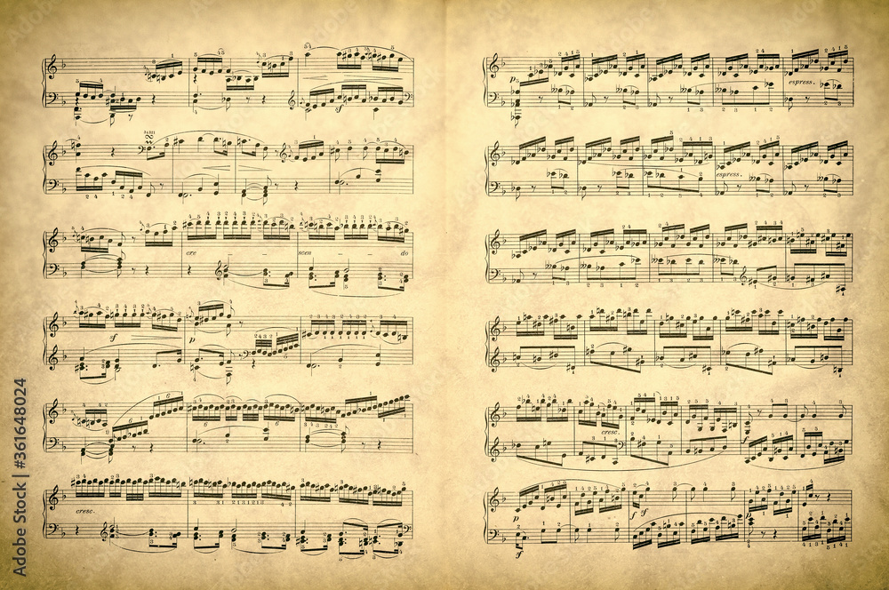 Old grunge sheet with music notes. Retro style. Top view. Stock Photo ...