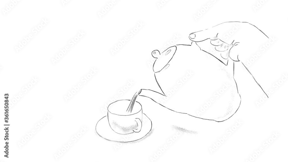 2d motion animation drawing of a hand pouring tea from a teapot into a ...