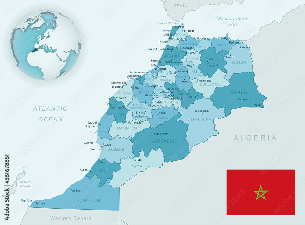 Blue-green detailed map of Morocco administrative divisions with ...