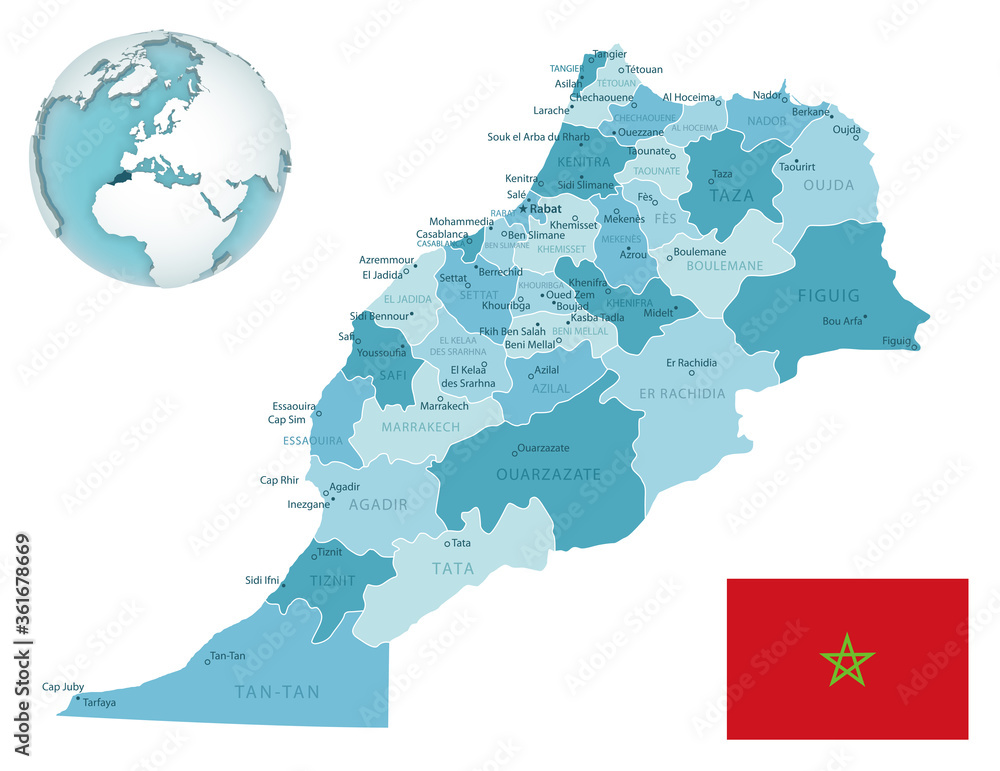 Morocco administrative blue-green map with country flag and location on ...