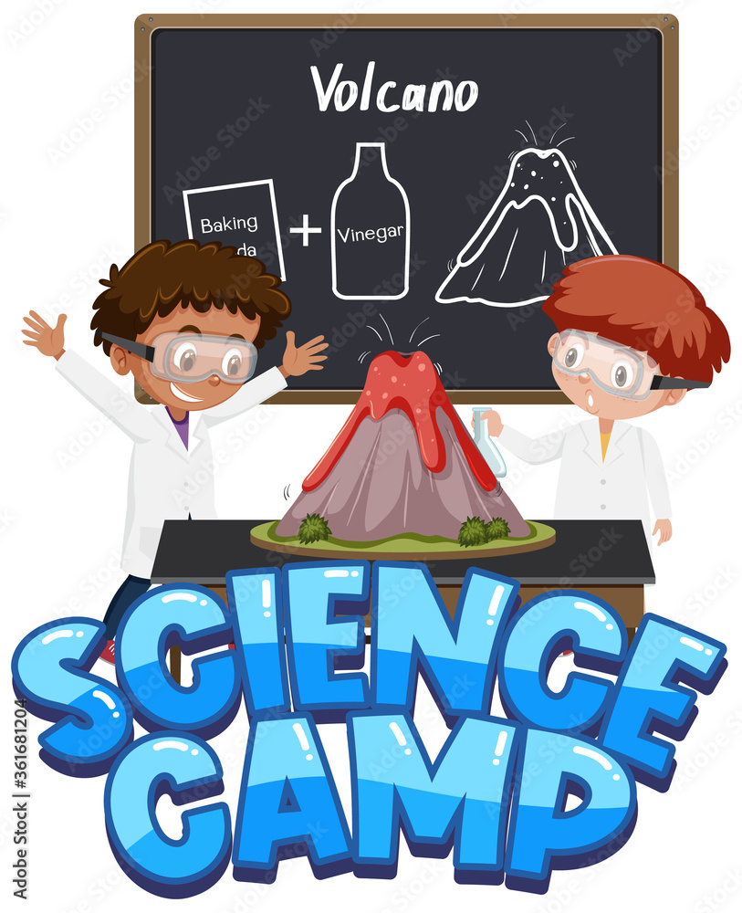 Science camp logo and children with volcano science experiment Stock ...