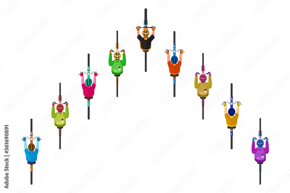 Cyclist race. Isolated cycling bicyclist icon set. Top view of cyclists ...