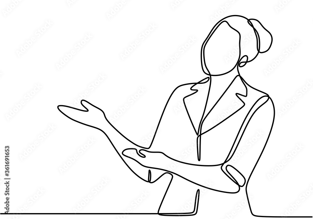 Continuous line drawing of beautiful girl showing gestures welcome ...