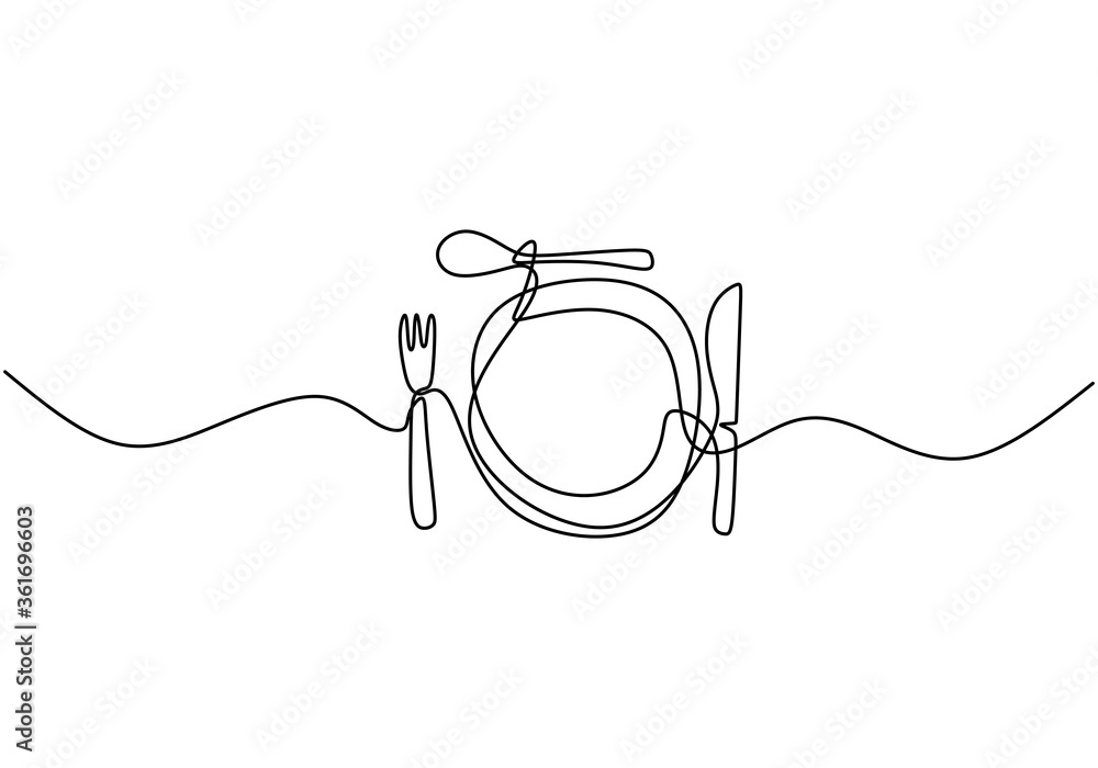Continuous line drawing of food symbol. Sign of plate, knife, and fork ...