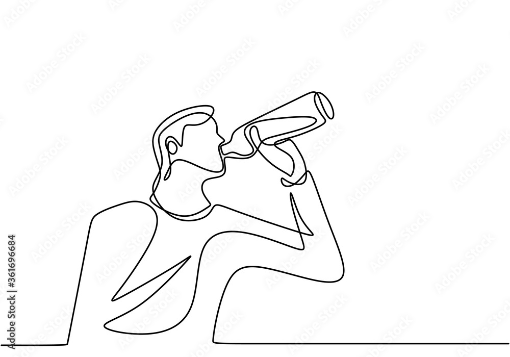 Continuous one line drawing, vector of man drinking water from plastic ...