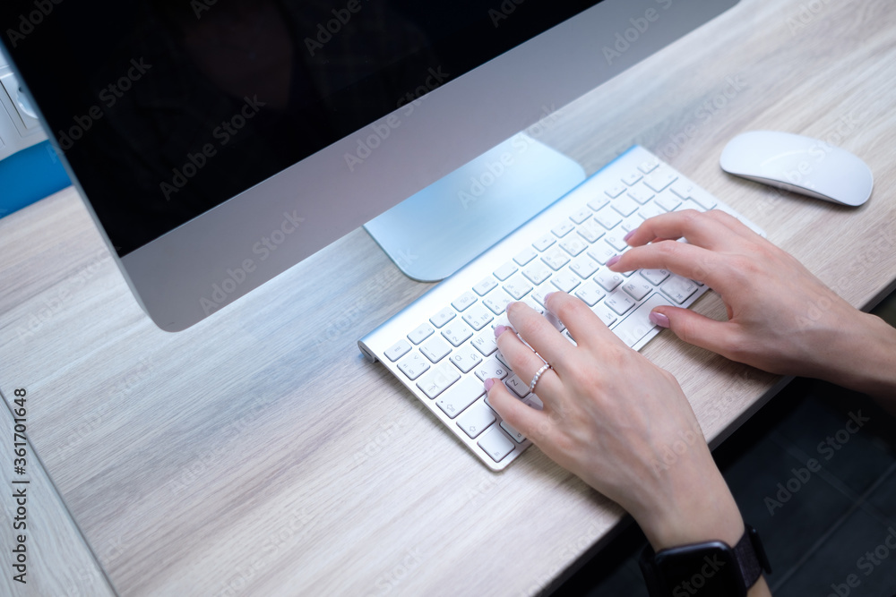 Comfortable workplace with modern desktop computer. Blank screen for ...