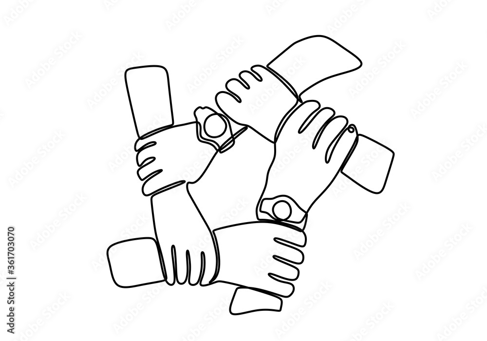Continuous one line of five human hands holding each other. The process ...