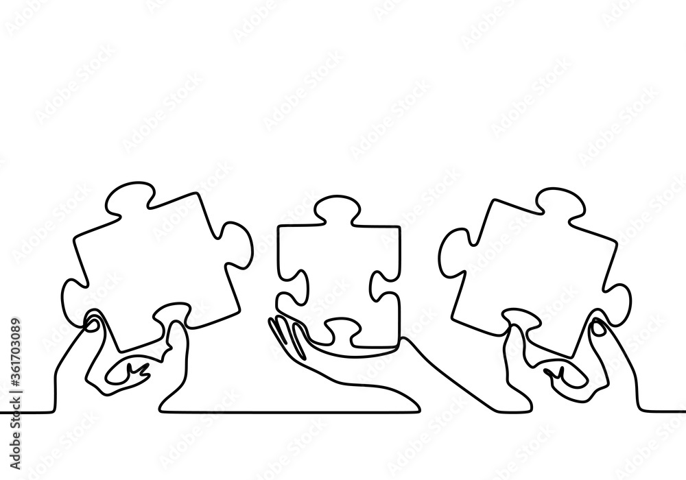 One continuous line drawing of three hands holding puzzle pieces to ...