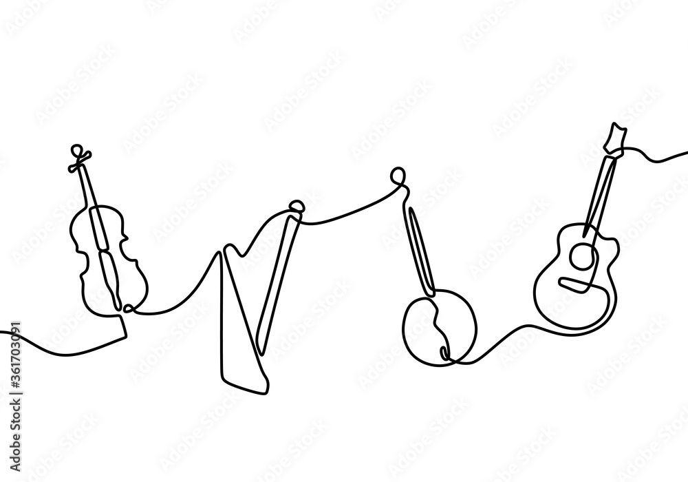 One continuous line drawing of jazz instrument. Musical tools of ...