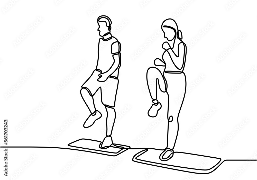 One line drawing of couple doing yoga exercise. Young man and woman ...
